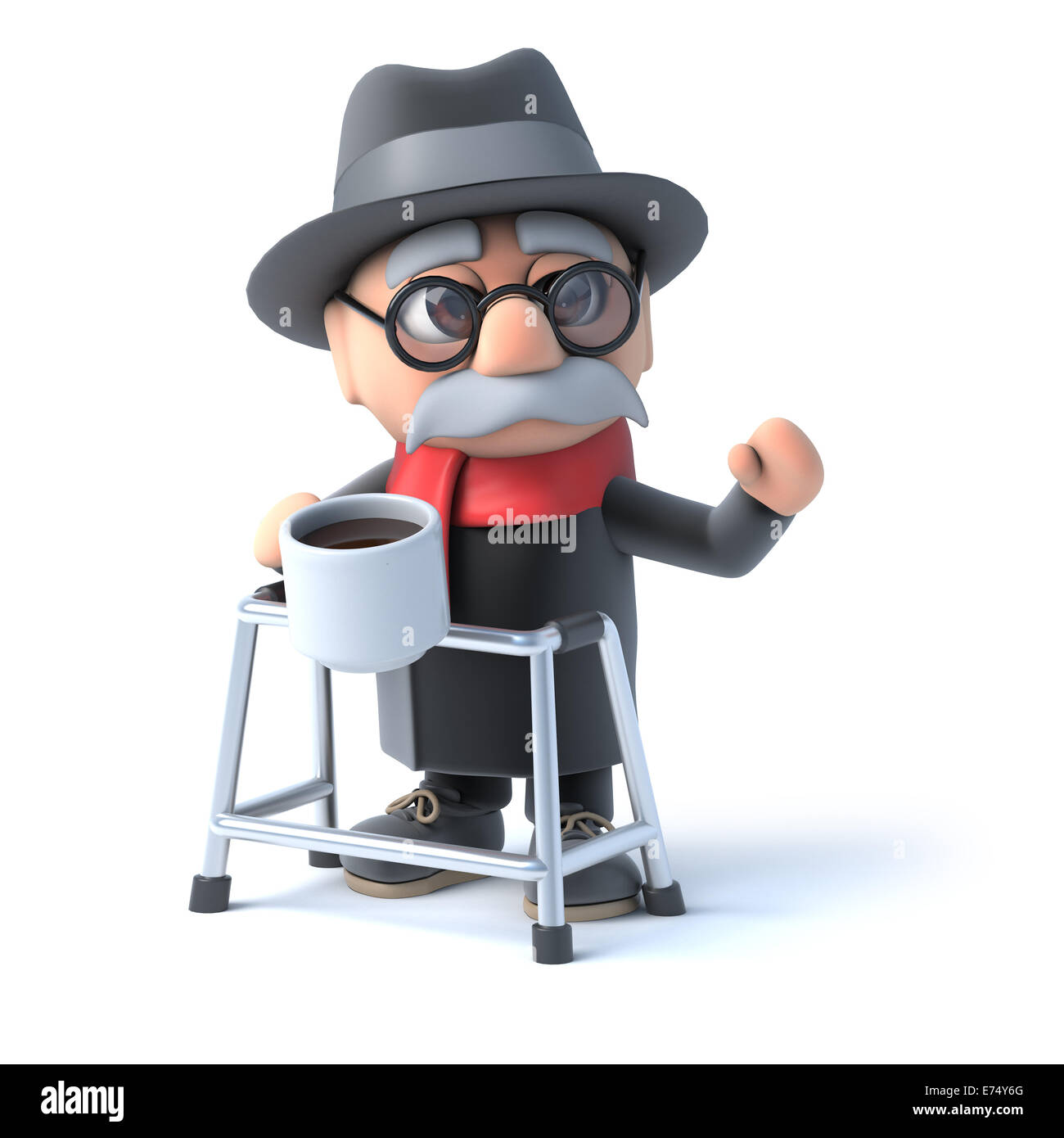 3d render of an old man with walking frame drinking a cup of coffee ...