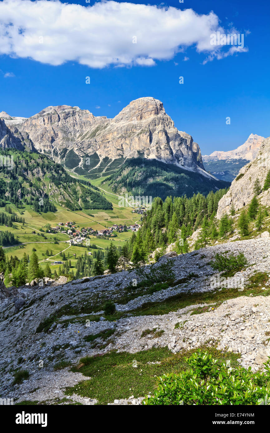 overview of Colfosco village in Badia Valley, on background Sassongher ...