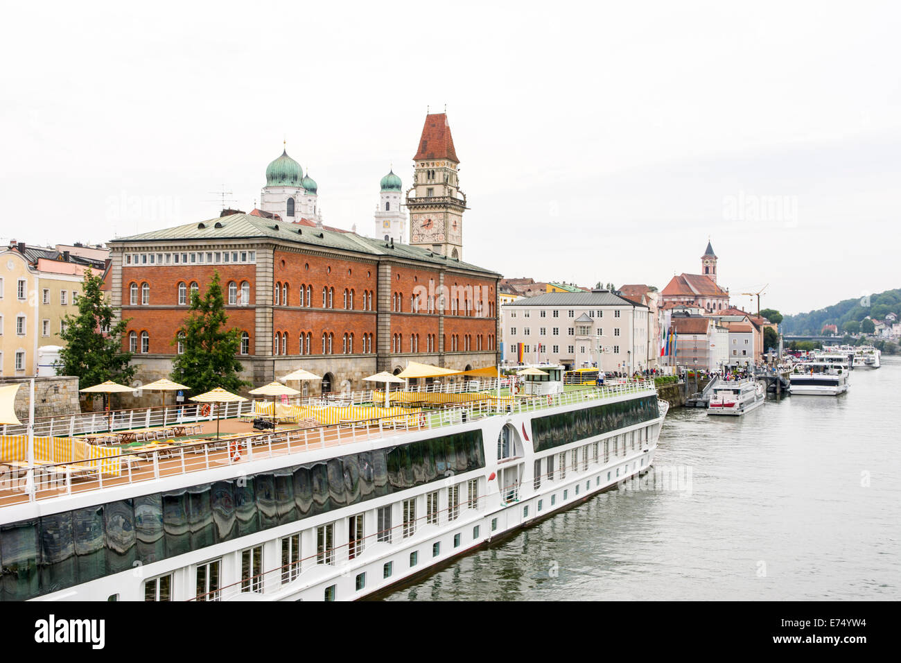 PASSAU, GERMANY - AUGUST 23: Passenger ships on the Danube river in ...