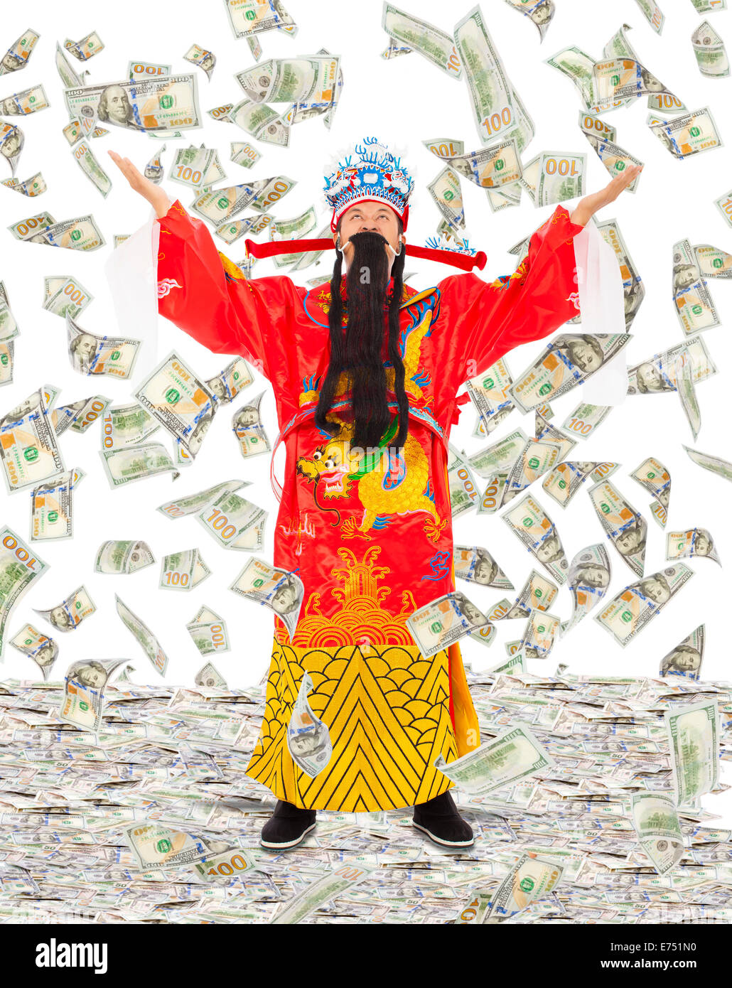 god of wealth share riches and prosperity with money rain background ...