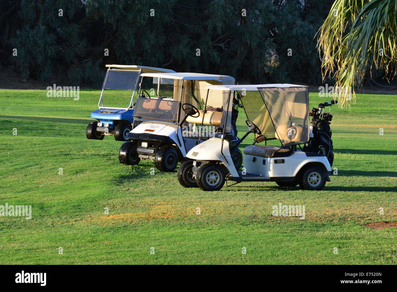 Golf carts on a golf course at Furnace Creek, California Stock Photo ...