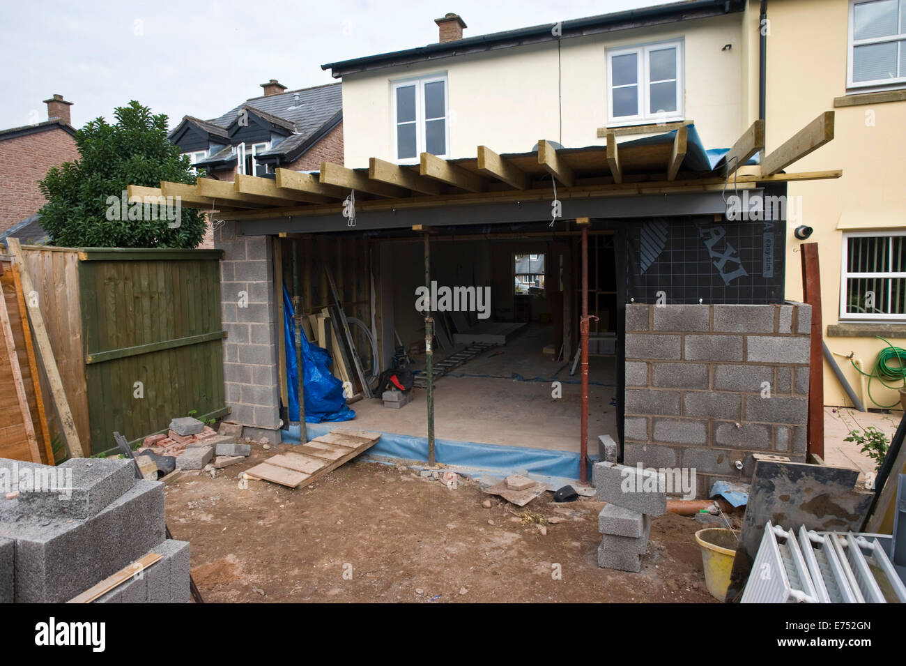 Block wall being built for house extension Hay-on-Wye Powys Wales UK ...