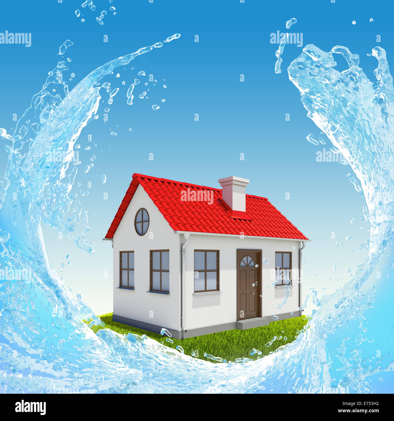 House, green meadow and water splash Stock Photo - Alamy