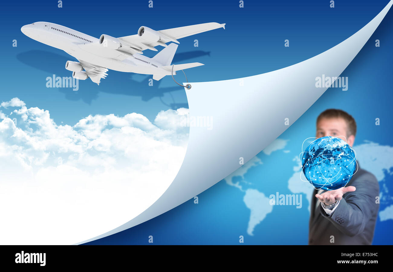 Airplane pulls the rope edge of paper Stock Photo - Alamy