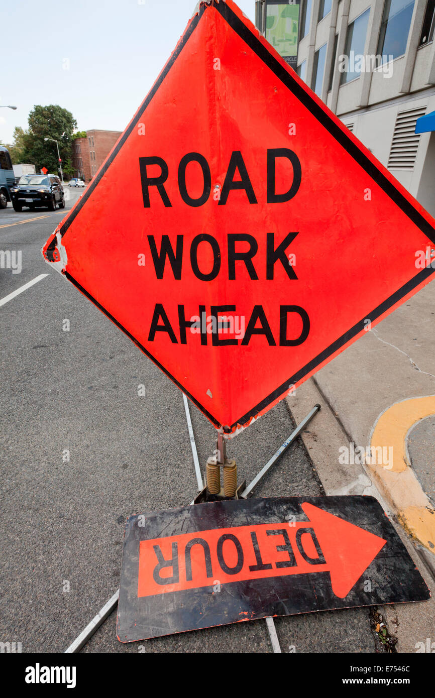 Roadwork ahead sign - USA Stock Photo - Alamy