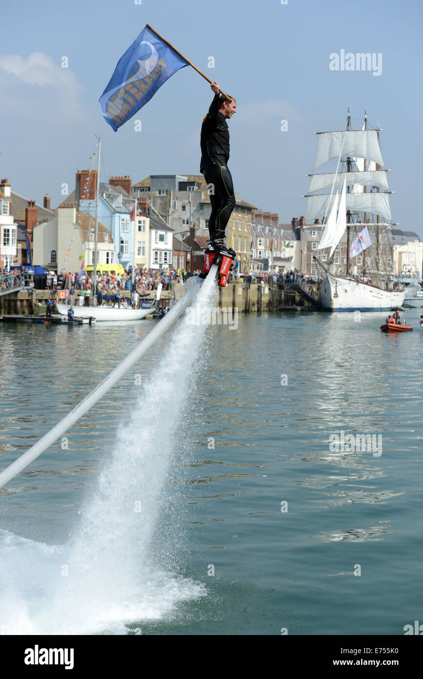 Flyboarding in Weymouth Harbour during Waterfest, Dorset, Britain, UK ...