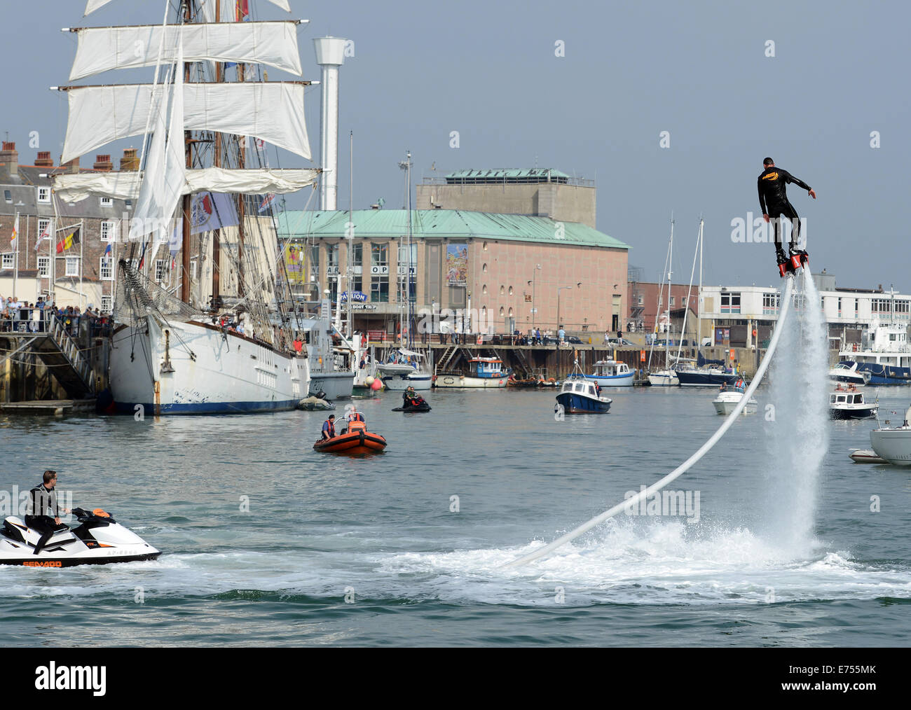Flyboarding in Weymouth Harbour during Waterfest, Dorset, Britain, UK ...