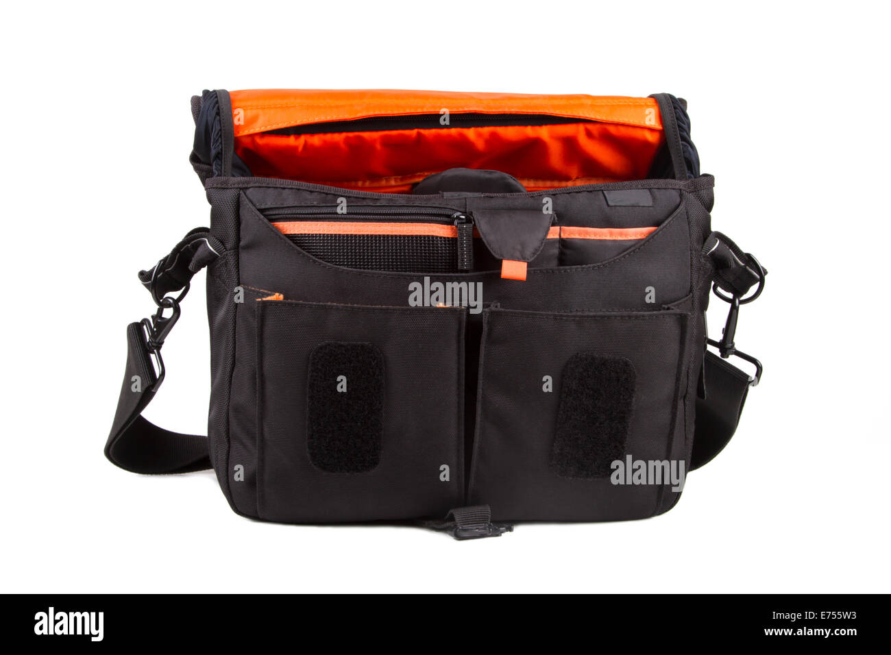 Front view of open camera bag, isolated on white background Stock Photo ...