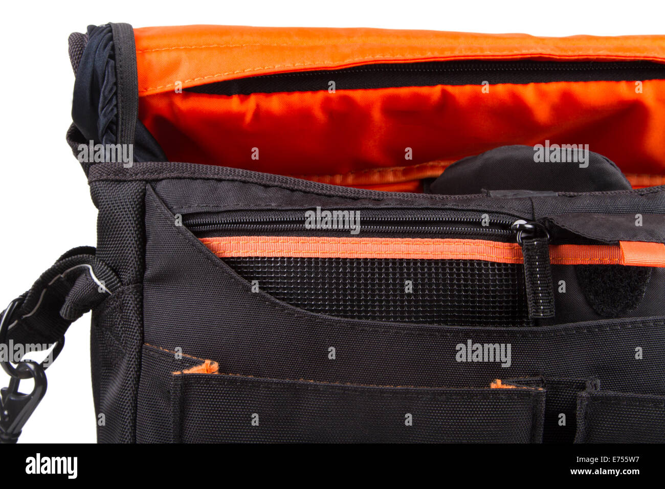 Close up view of open camera bag, isolated on white background Stock ...