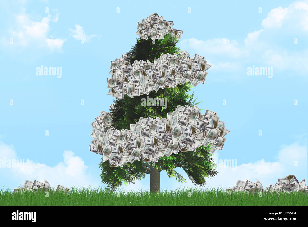 Tree and grasses with one hundred dollar banknotes on blue cloudy ...