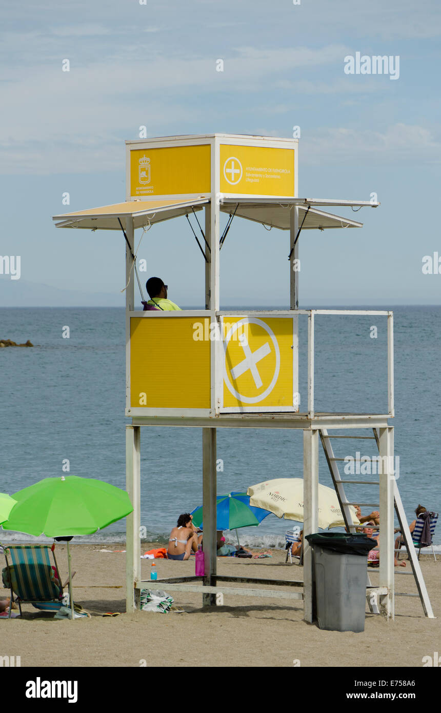 Lifeguard watchtower over a Mediterranean beach, Fuengirola, Andalusia ...