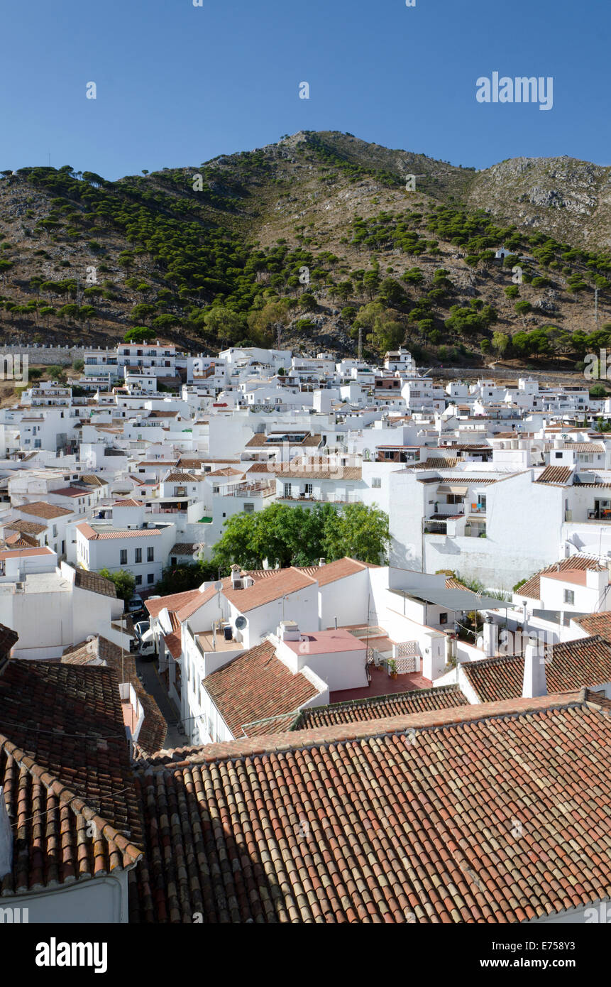 Bird view of the white washed village of Mijas Pueblo, in Southern ...