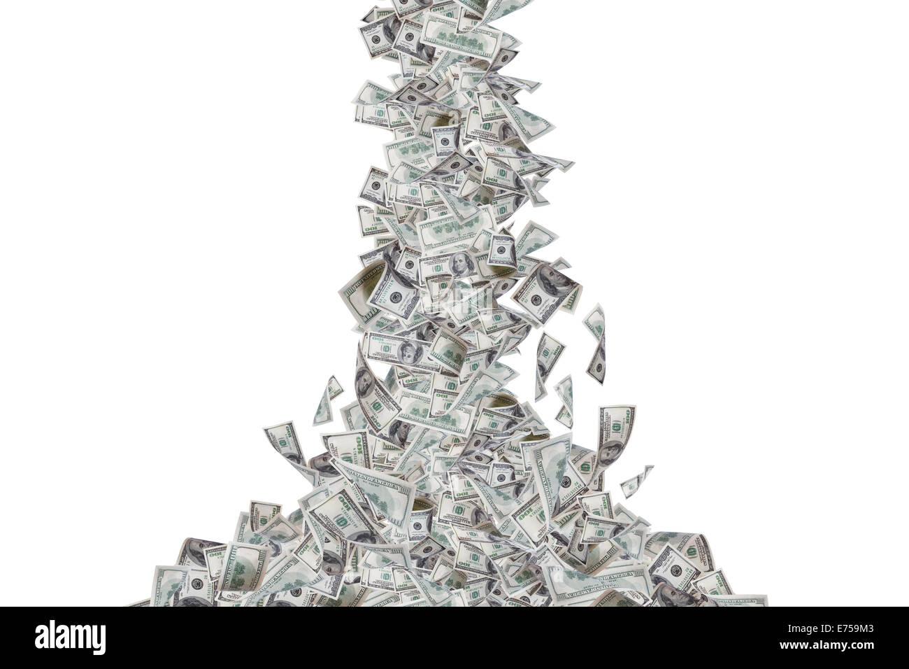 One hundred dollar banknotes flying and falling down, isolated on white ...