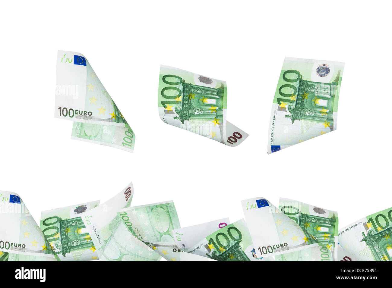 One hundred euro banknotes flying and raining with copy space, isolated ...