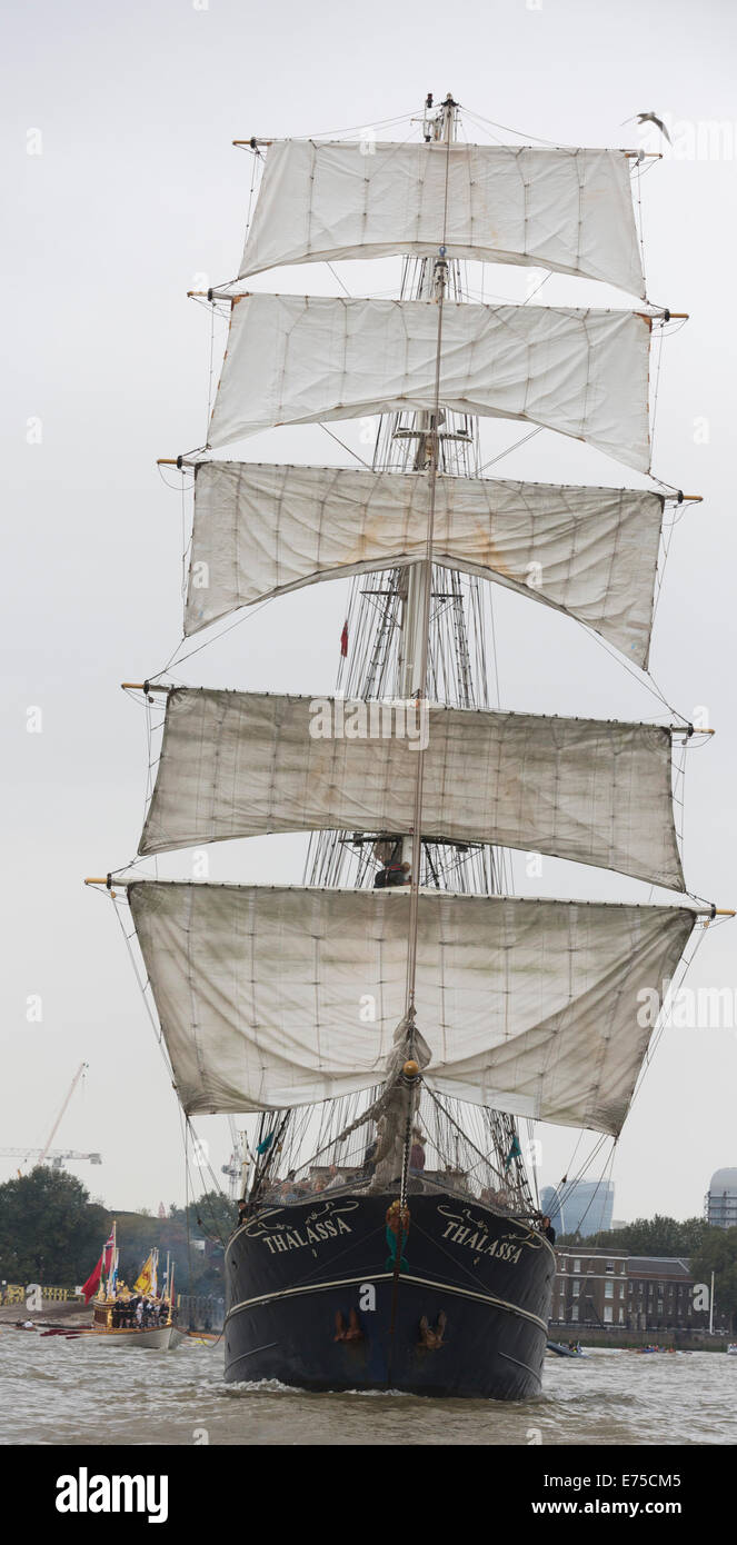 Tall ship Thalassa followed by the row barge Gloriana, Royal Greenwich ...