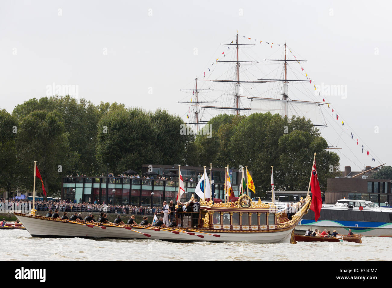 The Royal row barge Gloriana passes Cutty Sark, Royal Greenwich Tall ...