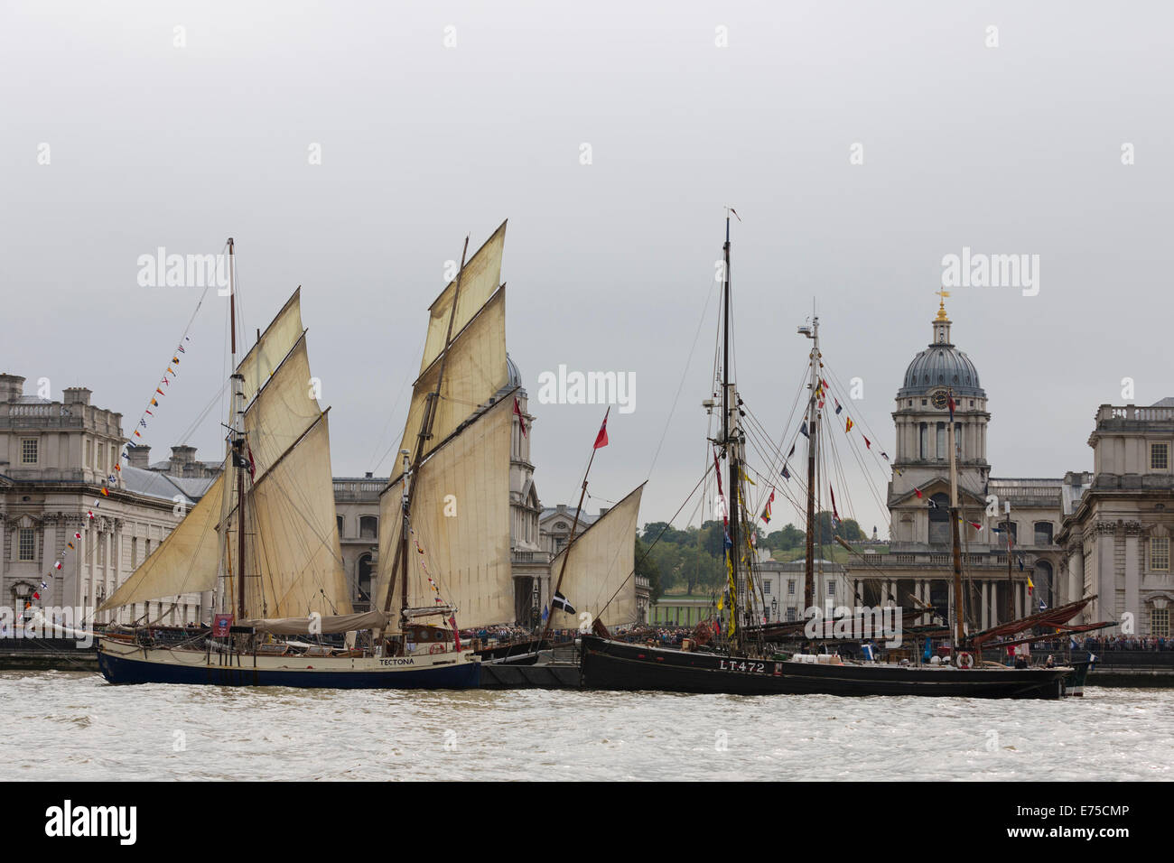 Tall ships moored at the Royal Naval College during the Royal Greenwich ...