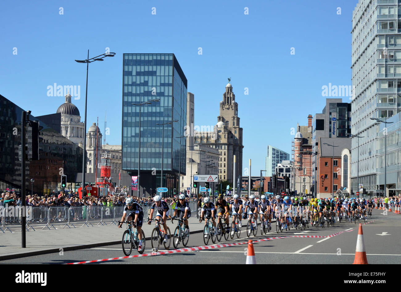 Liverpool, UK. 7th September, 2014. Cyclists taking part in Stage 1 of ...