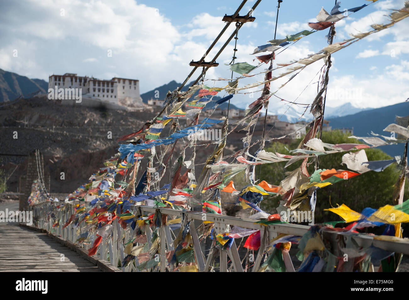 Prayer Flags on Bridge near Stakna Monastery Stock Photo - Alamy