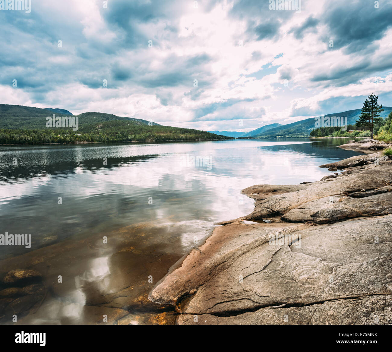 Norway Nature Fjord, Autumn Time. Cloudy Day, Landscape With Mountain ...