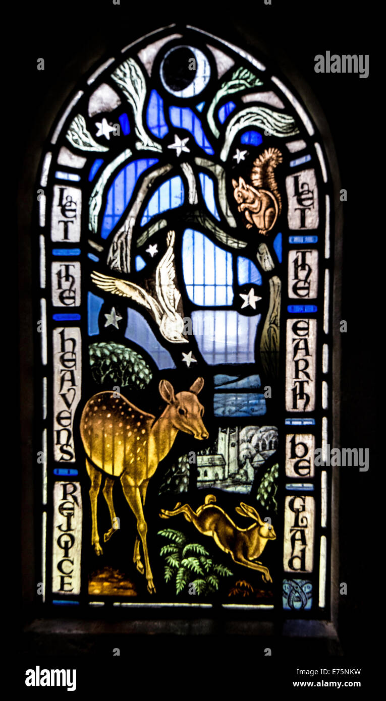 Stained glass window depicting wild animals Deer, Hares and a Red ...