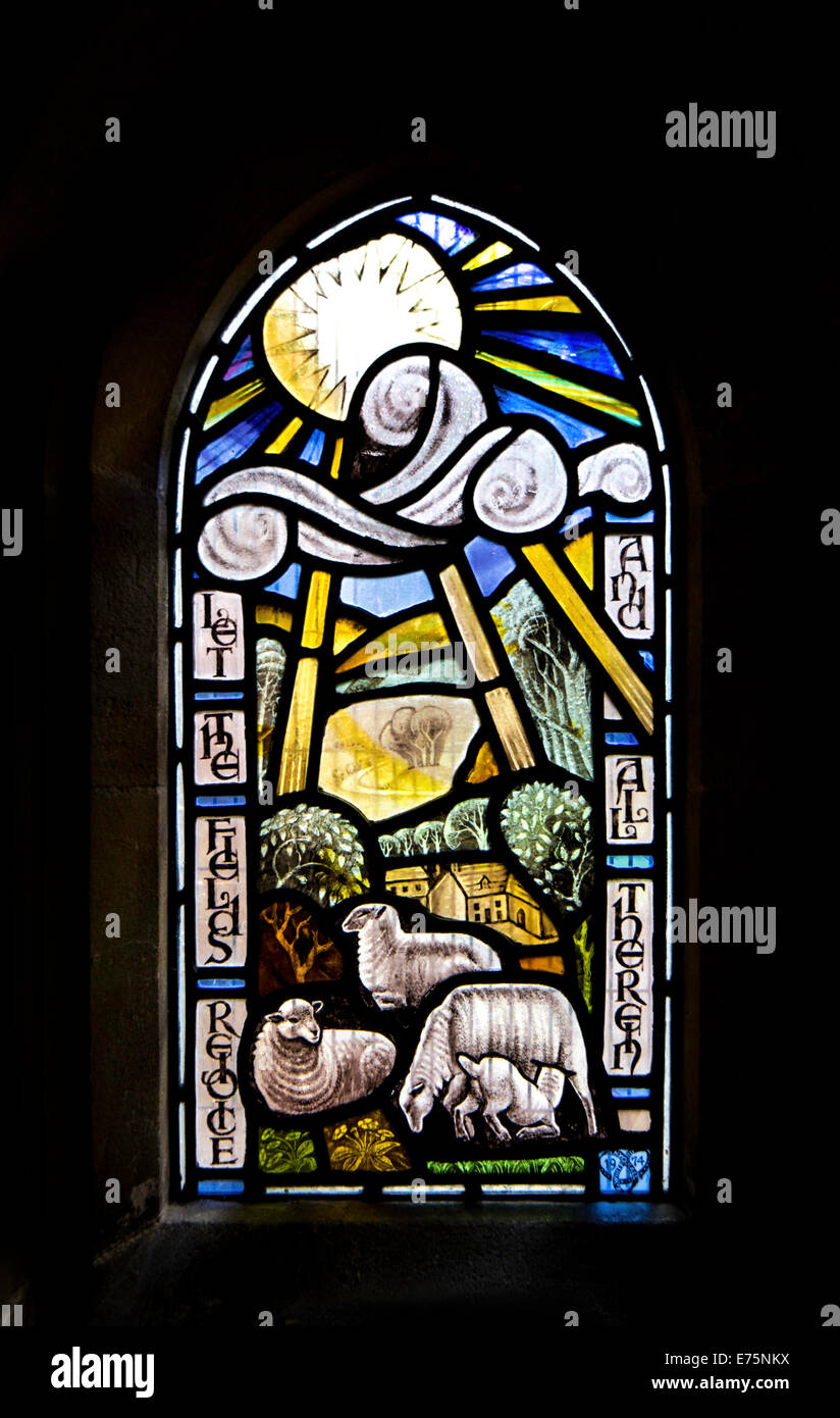 Stained glass window depicting sheep, farming and sun rays, England, UK ...