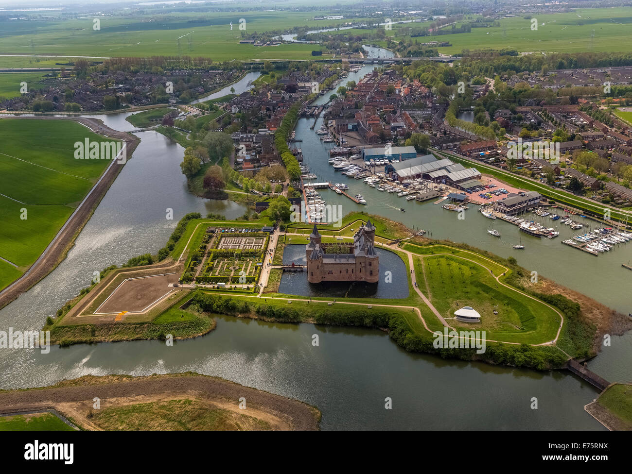 Aerial view, Muiderslot castle, moated castle and museum, Muiden ...
