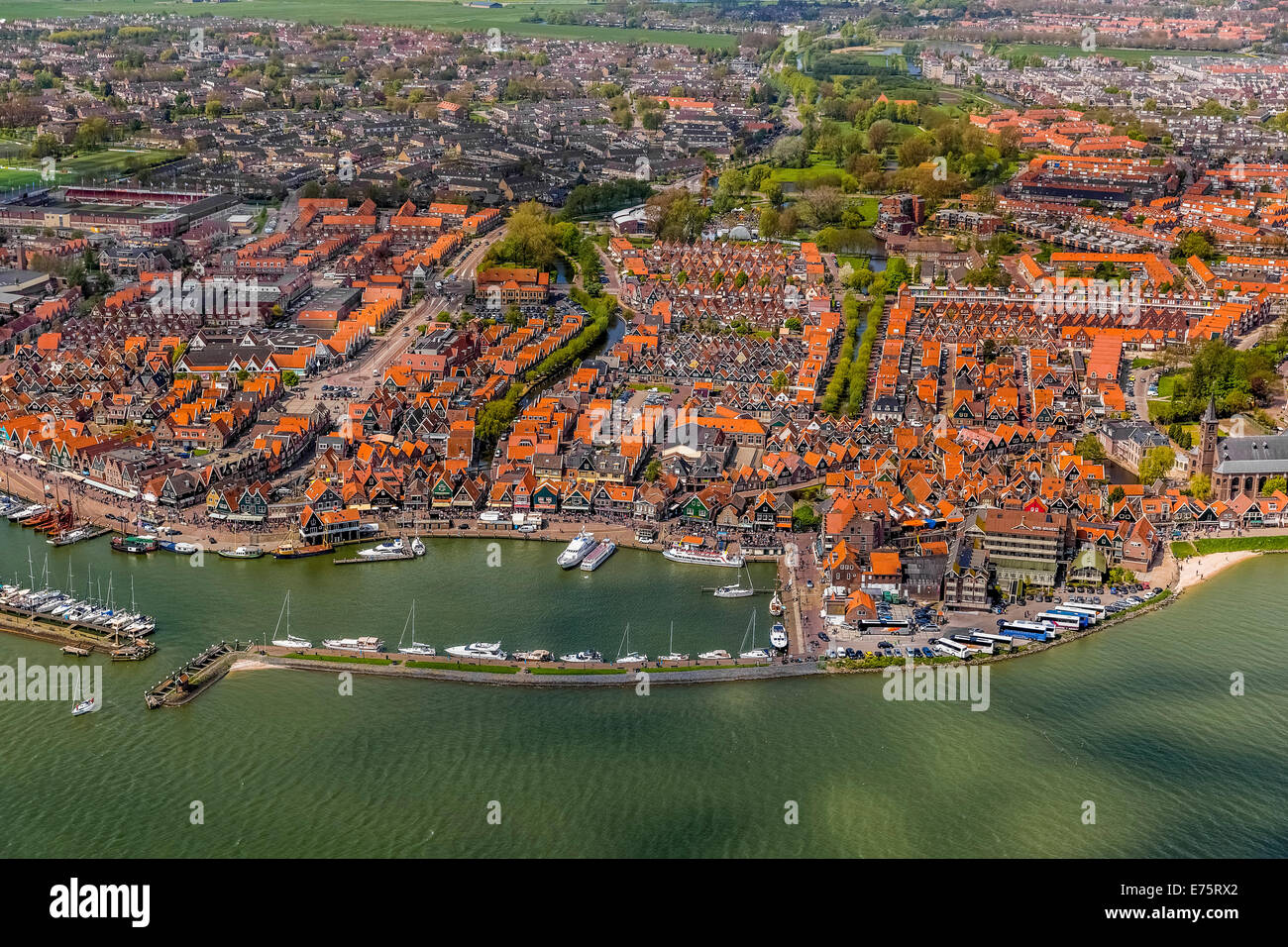 Aerial view, Volendam with harbour at Markermeer lake, Volendam ...