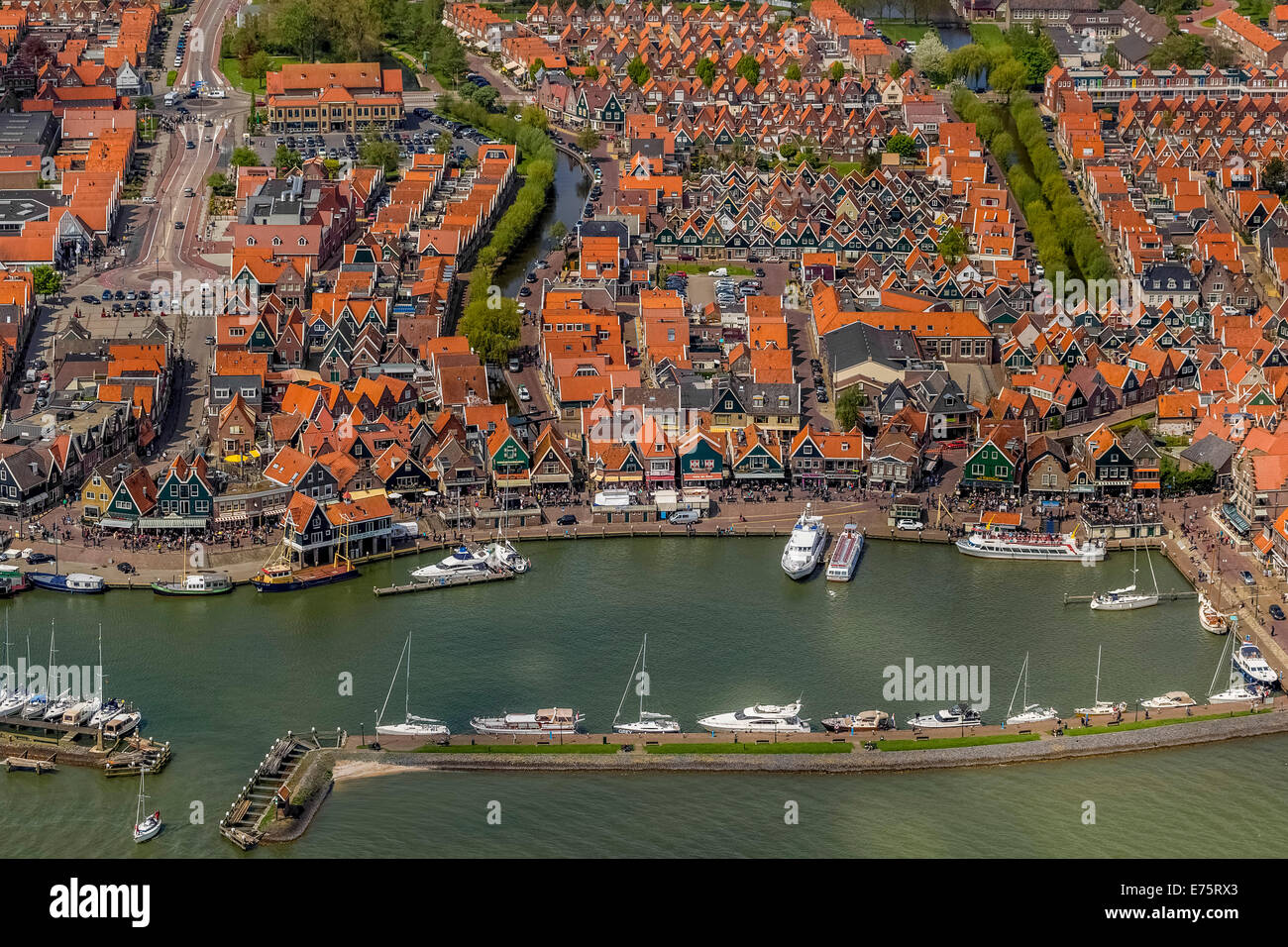 Aerial view, Volendam with harbour at Markermeer lake, Volendam ...