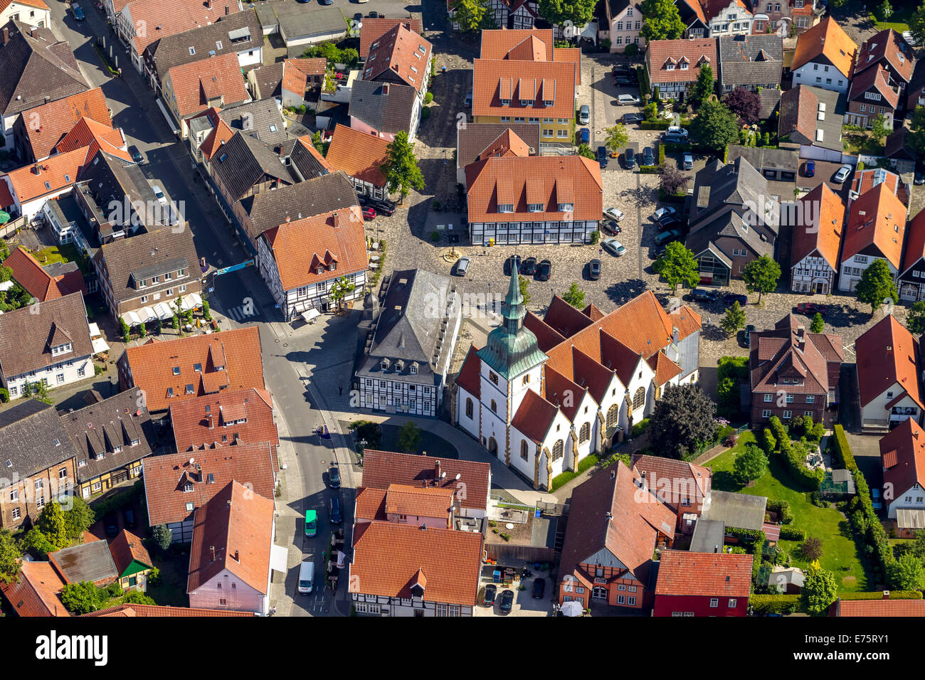 Aerial view, historic Town Hall, Catholic Parish Church of St. John the ...