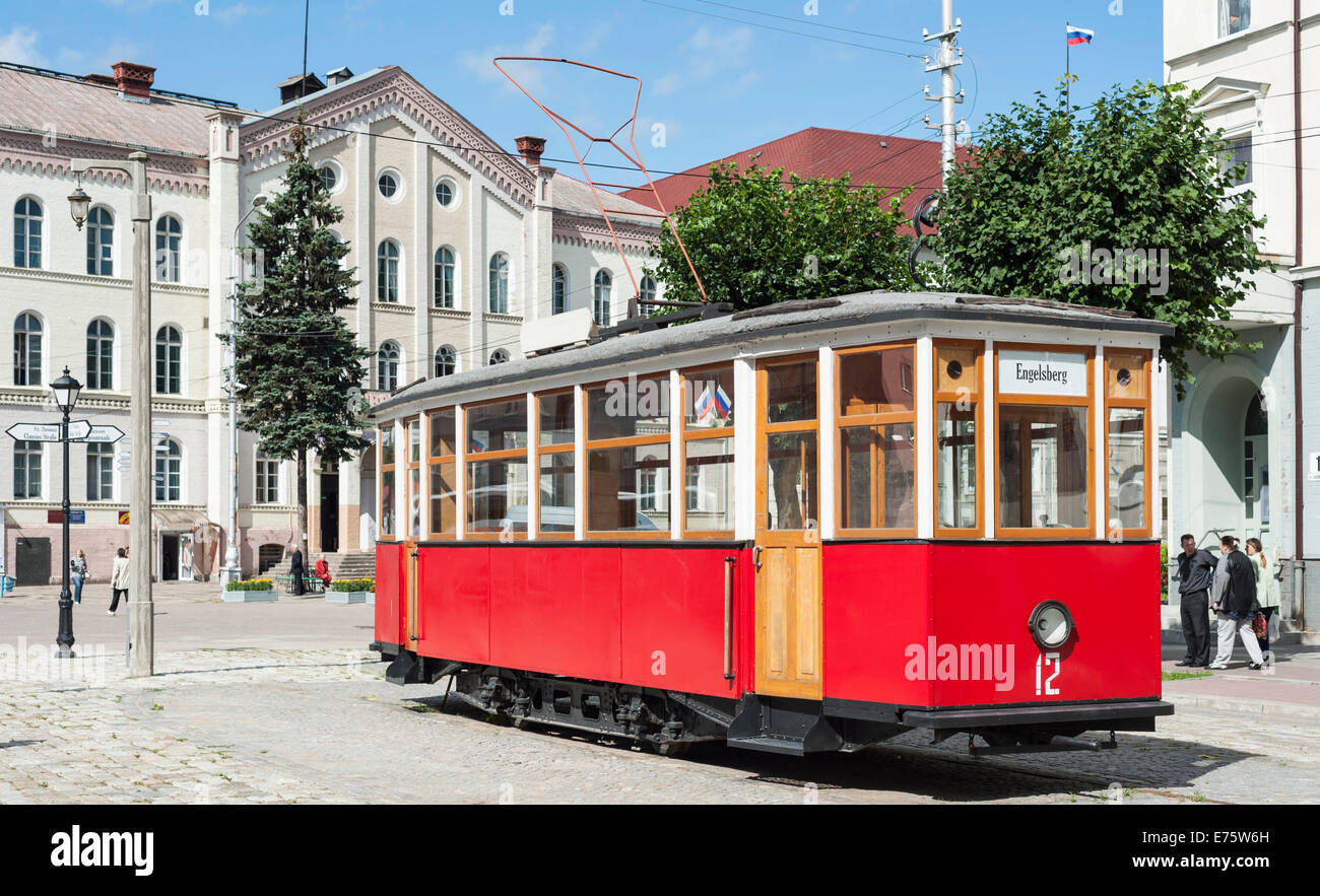 Historic tram, technical monument, in the town centre of Tilsit ...
