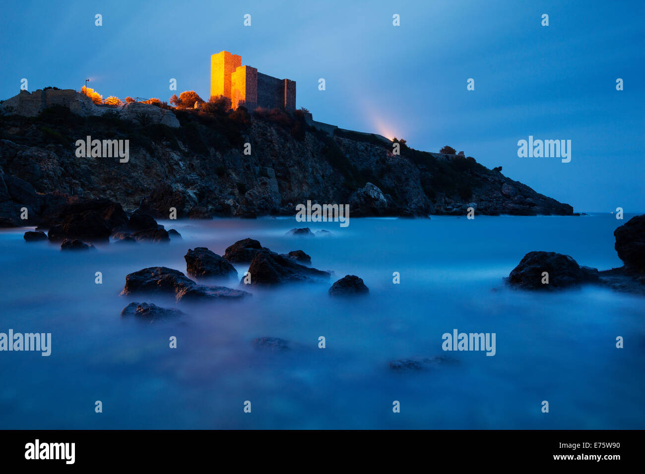 Etruscan castle of Talamone at dusk, Orbetello, Tuscany, Italy Stock ...