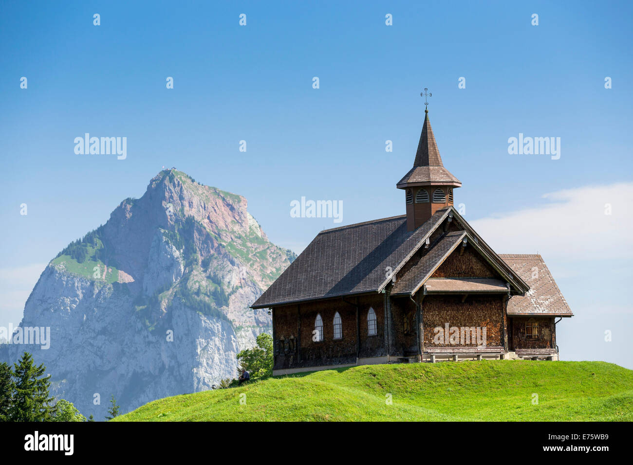 Stoos-Kirche church in front of Großer Mythen mountain, Stoos ...