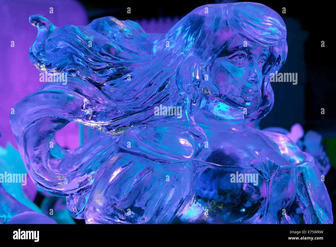 Female figure with flowing hair made of ice, Ice Sculpture Festival ...