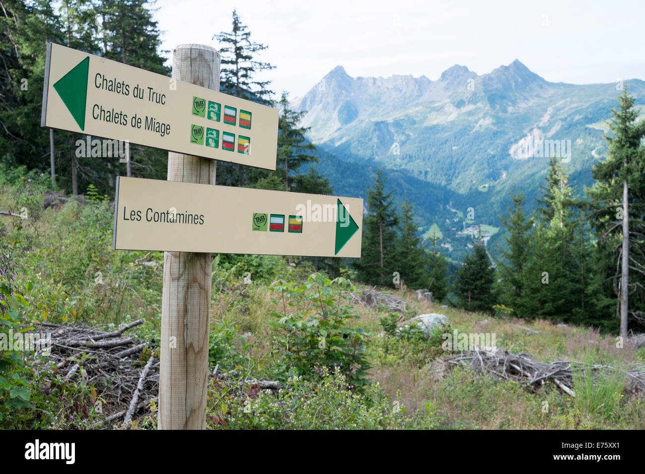 LES CONTAMINES, FRANCE - AUGUST 25: Tour du Mont Blanc direction signs ...