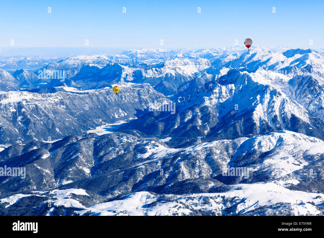 Hot air balloons flying over the Alps, Unterinntal, Tyrol, Austria ...