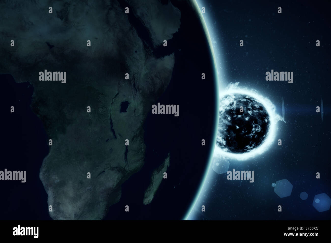 Large fire ball of the sun with earth Stock Photo - Alamy