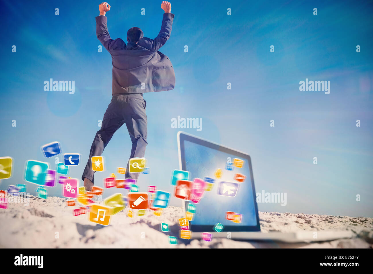 Man suit jumping laptop hi-res stock photography and images - Alamy
