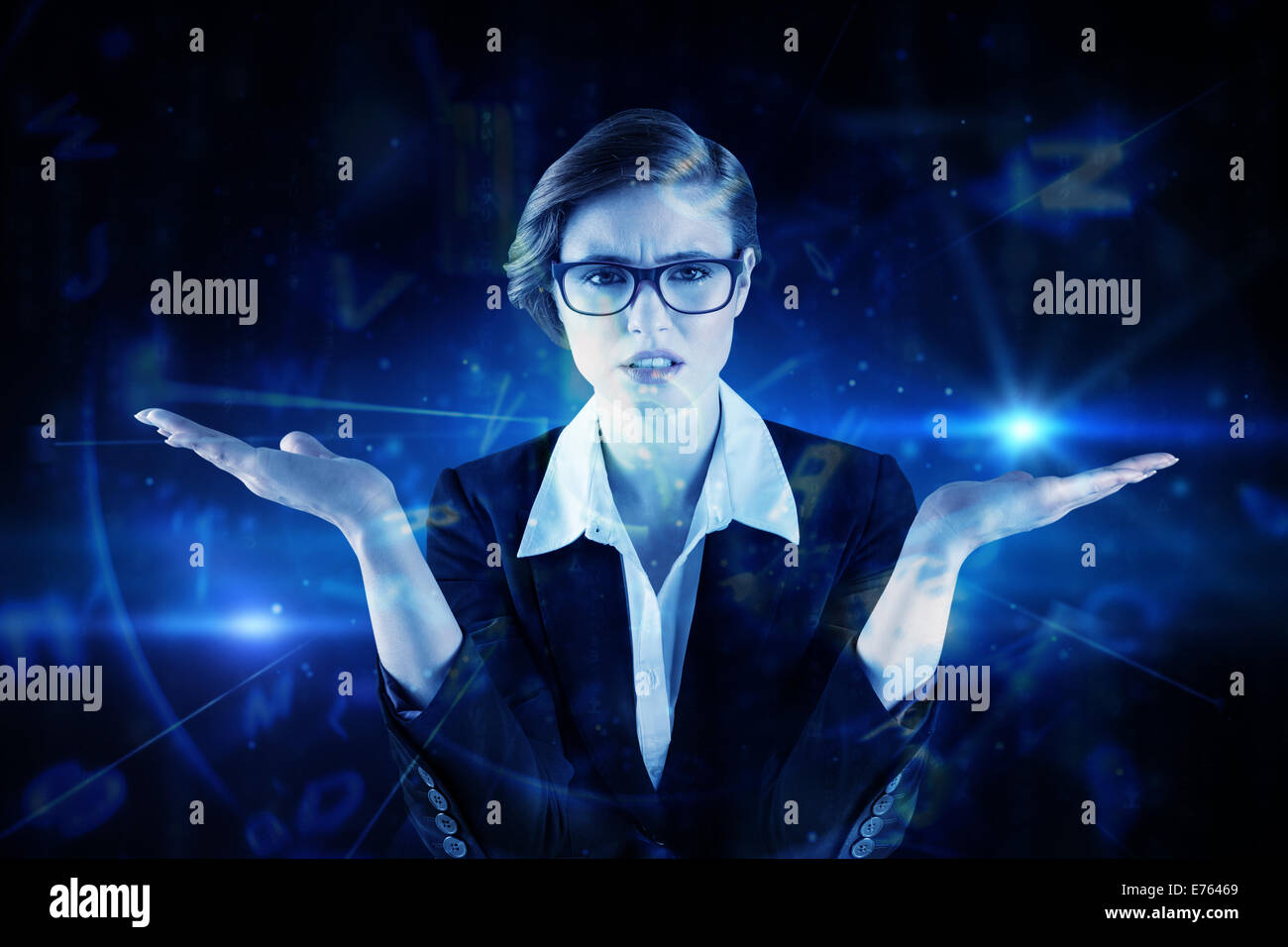 Composite image of businesswoman holding hand out in presentation Stock ...