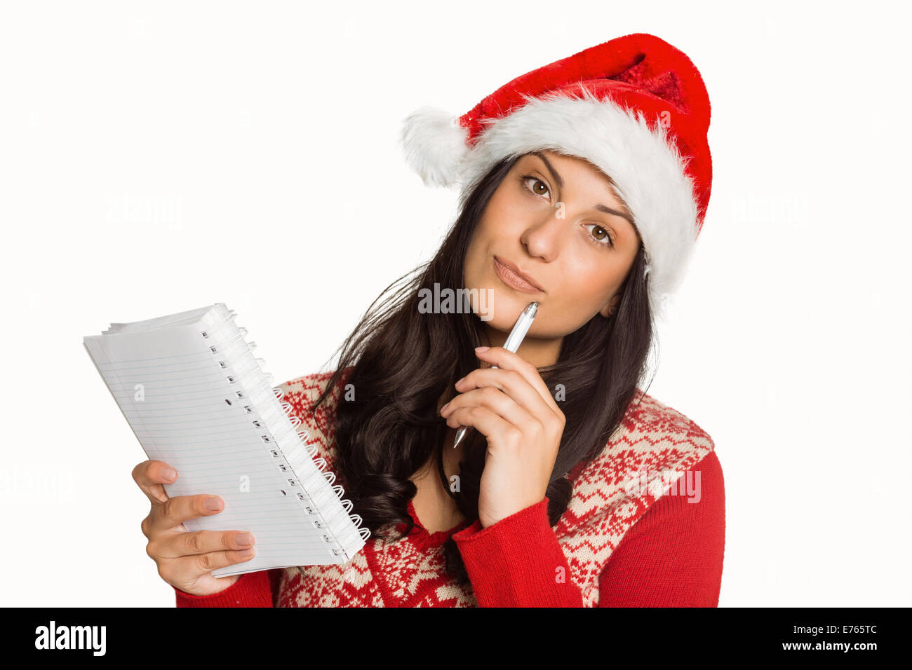 Woman thinking what to write Stock Photo - Alamy