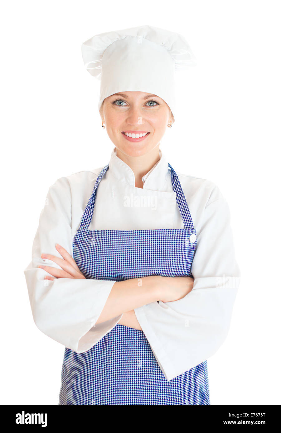 Portrait of happy female chef cook. Isolated. on white Stock Photo - Alamy