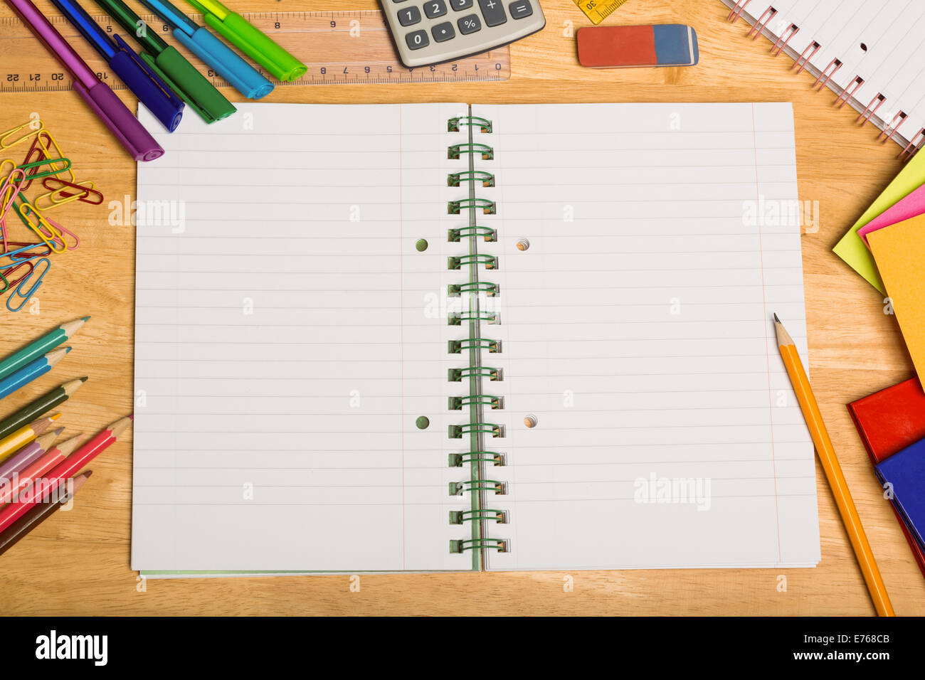 Overhead shot of pupils desk Stock Photo - Alamy