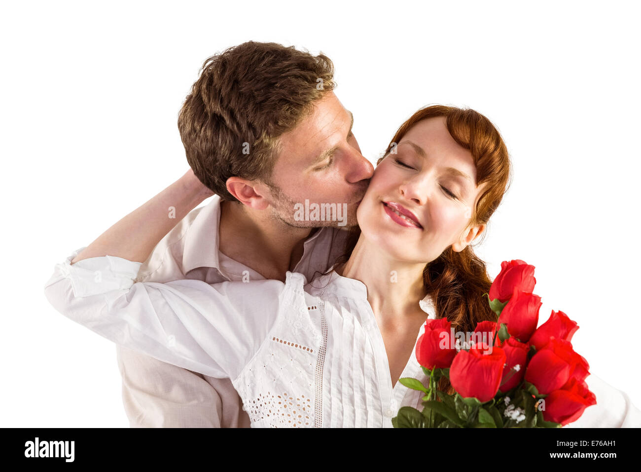 Woman getting roses from man Stock Photo - Alamy