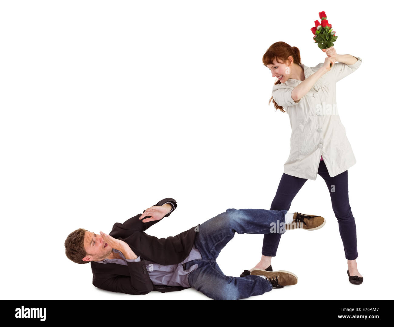 Woman throwing roses at man Stock Photo - Alamy