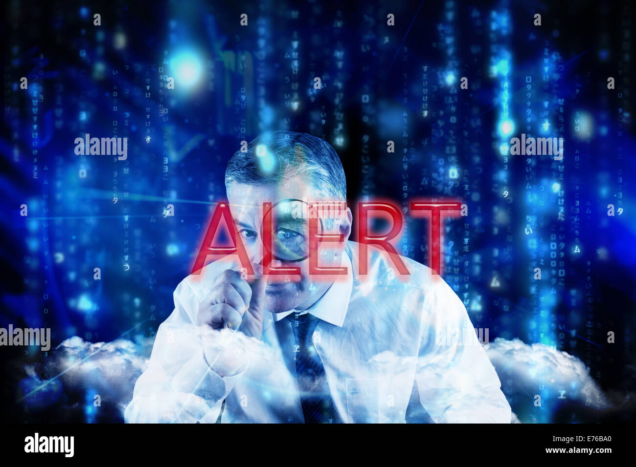 Alert against lines of blue blurred letters falling Stock Photo - Alamy