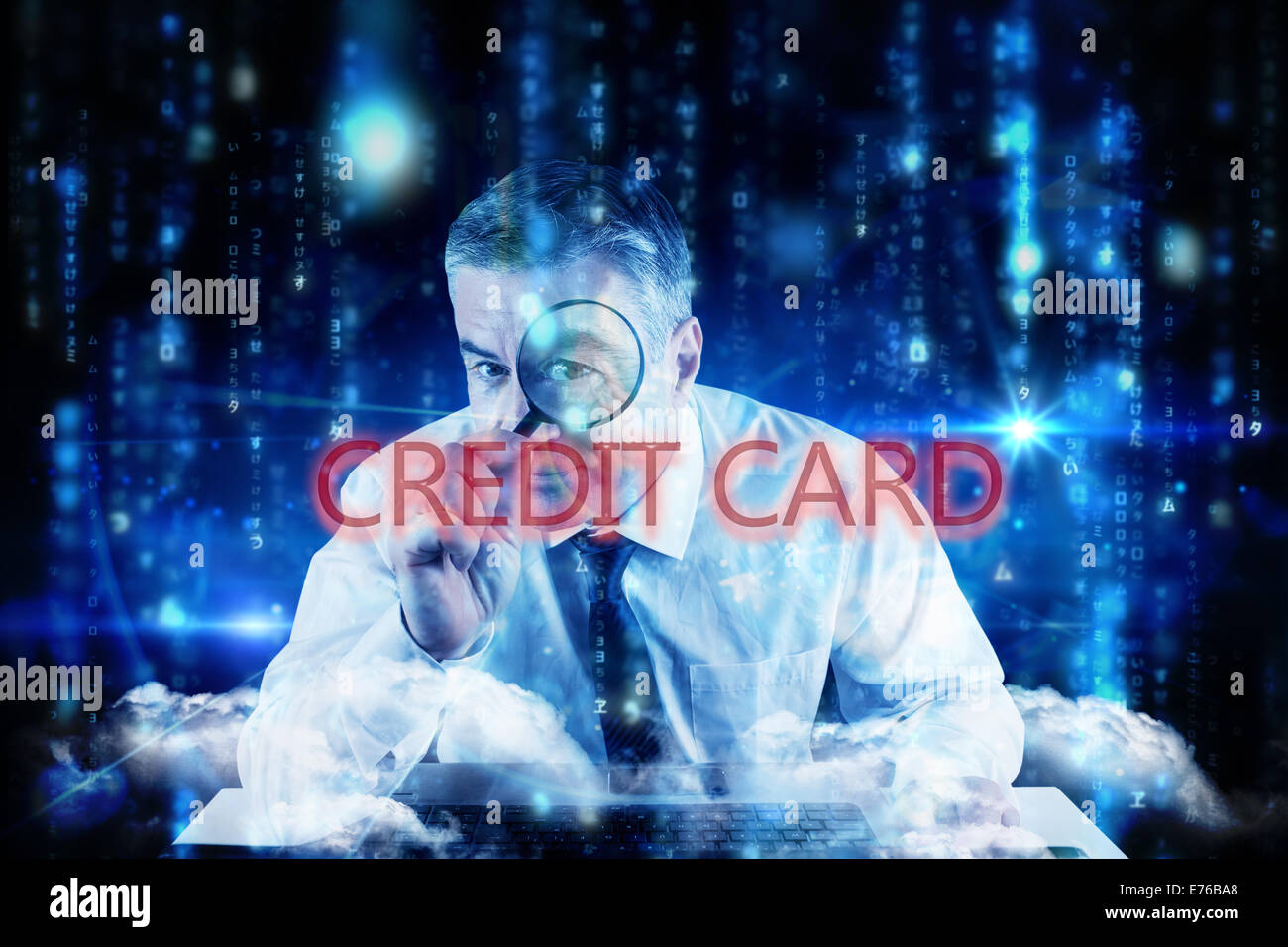 Credit card against lines of blue blurred letters falling Stock Photo ...