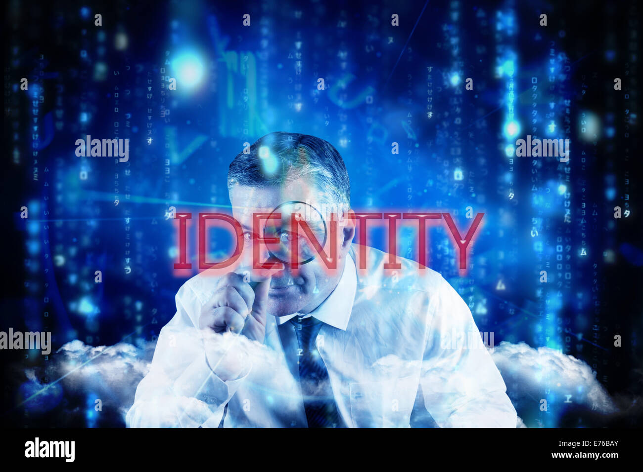 Identity against lines of blue blurred letters falling Stock Photo - Alamy