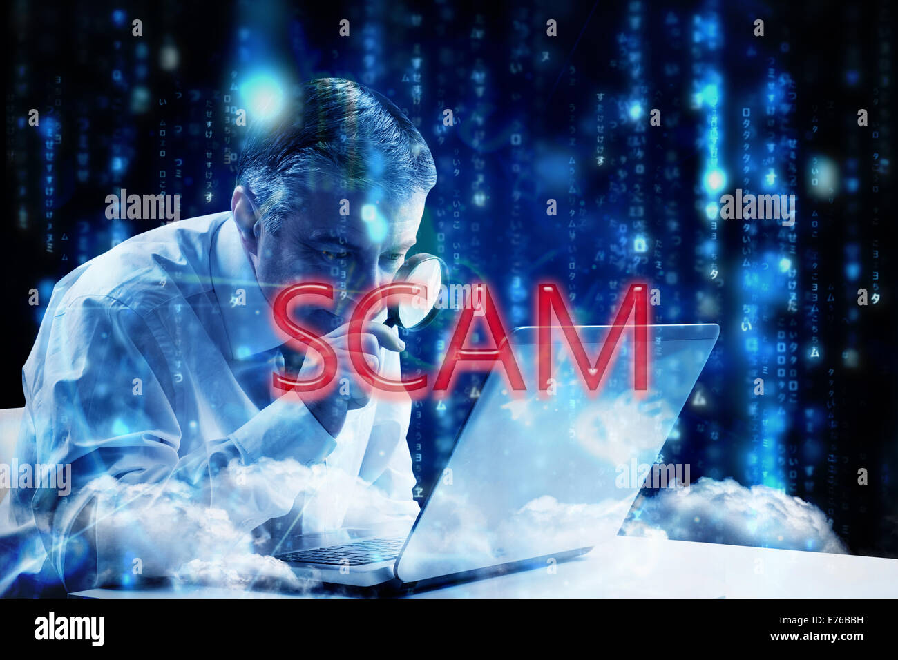 Scam against lines of blue blurred letters falling Stock Photo - Alamy