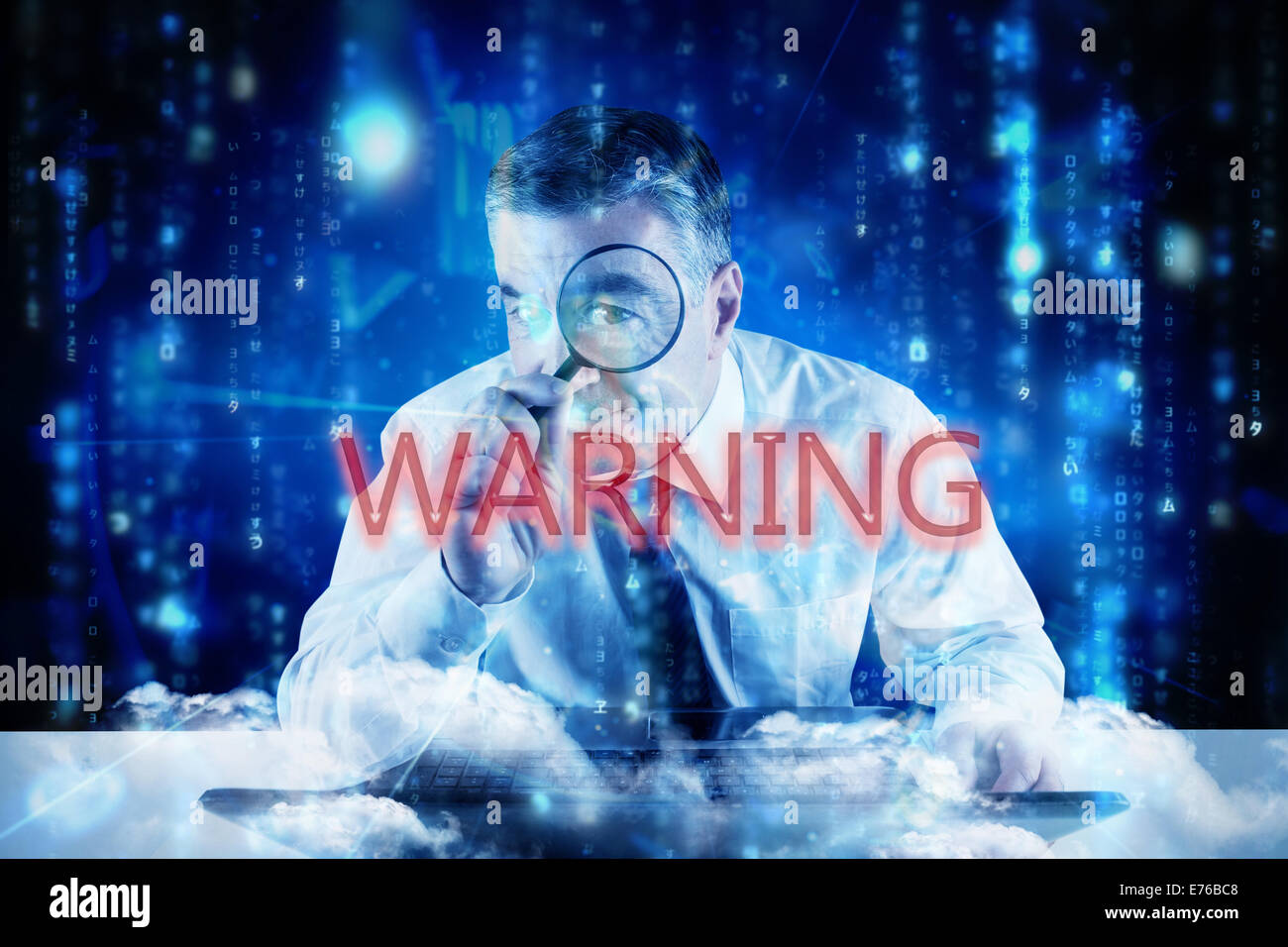 Warning against lines of blue blurred letters falling Stock Photo - Alamy