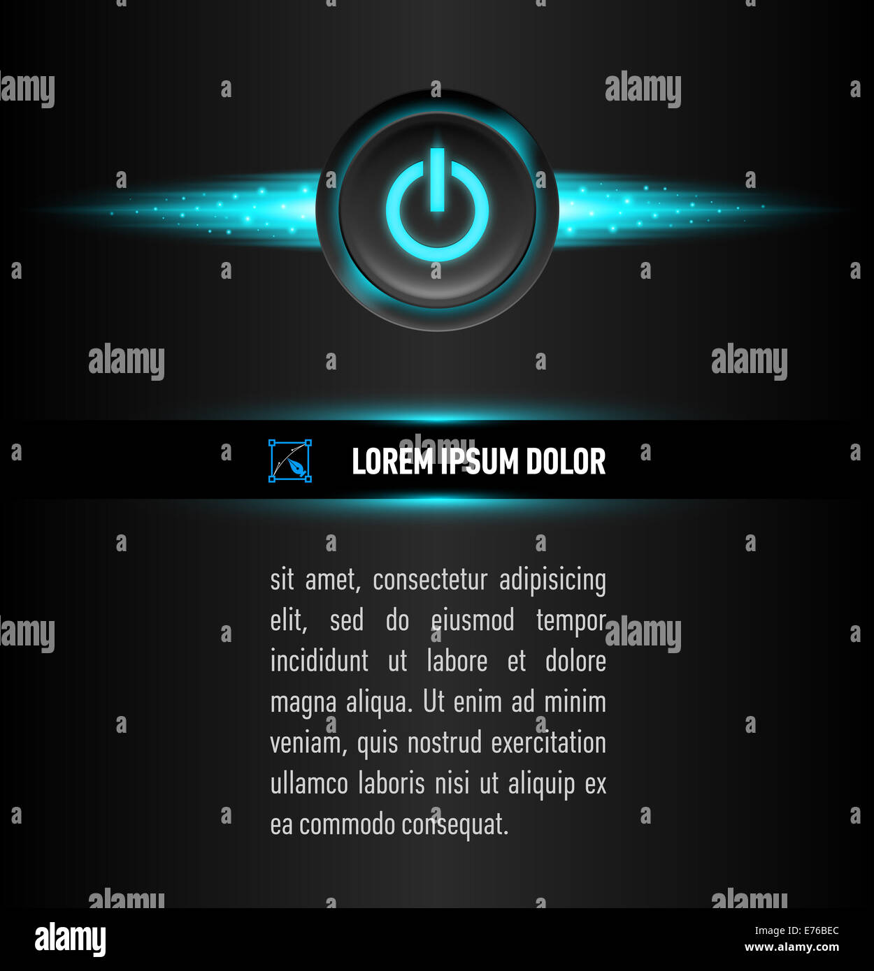 Text under button with sign on the dark background. Aqua color ...
